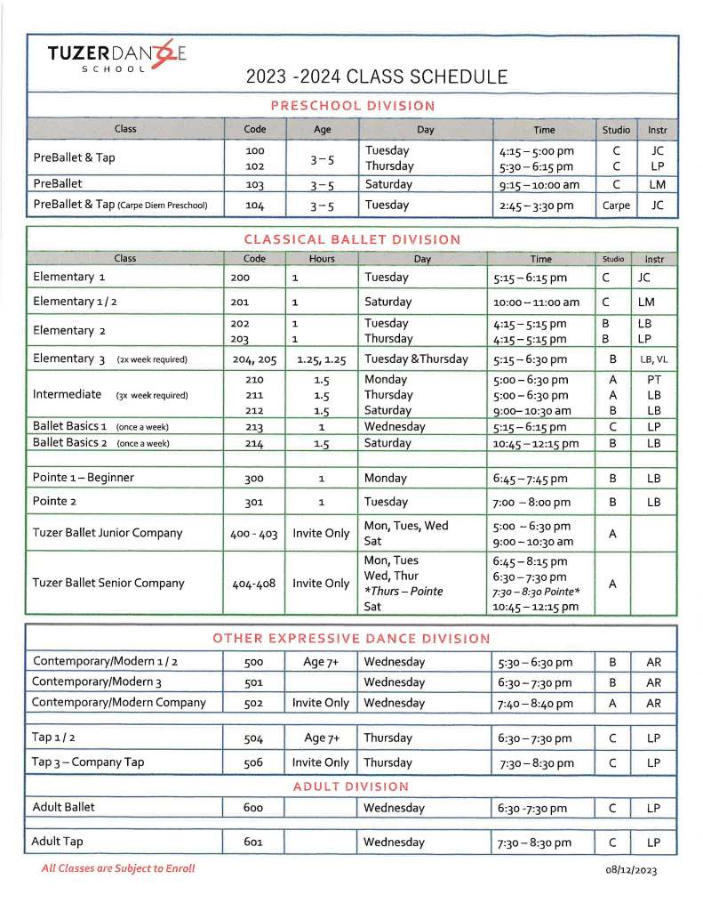 Tuzer Schedule – Tuzer Ballet