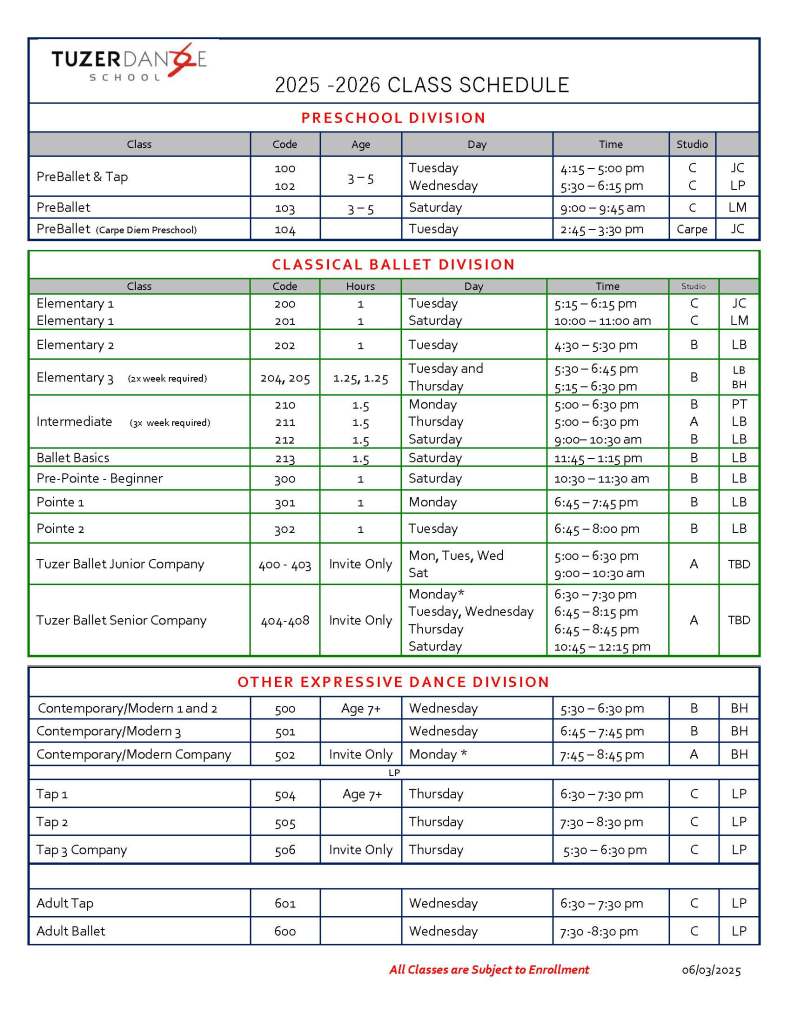 Tuzer Schedule – Tuzer Ballet